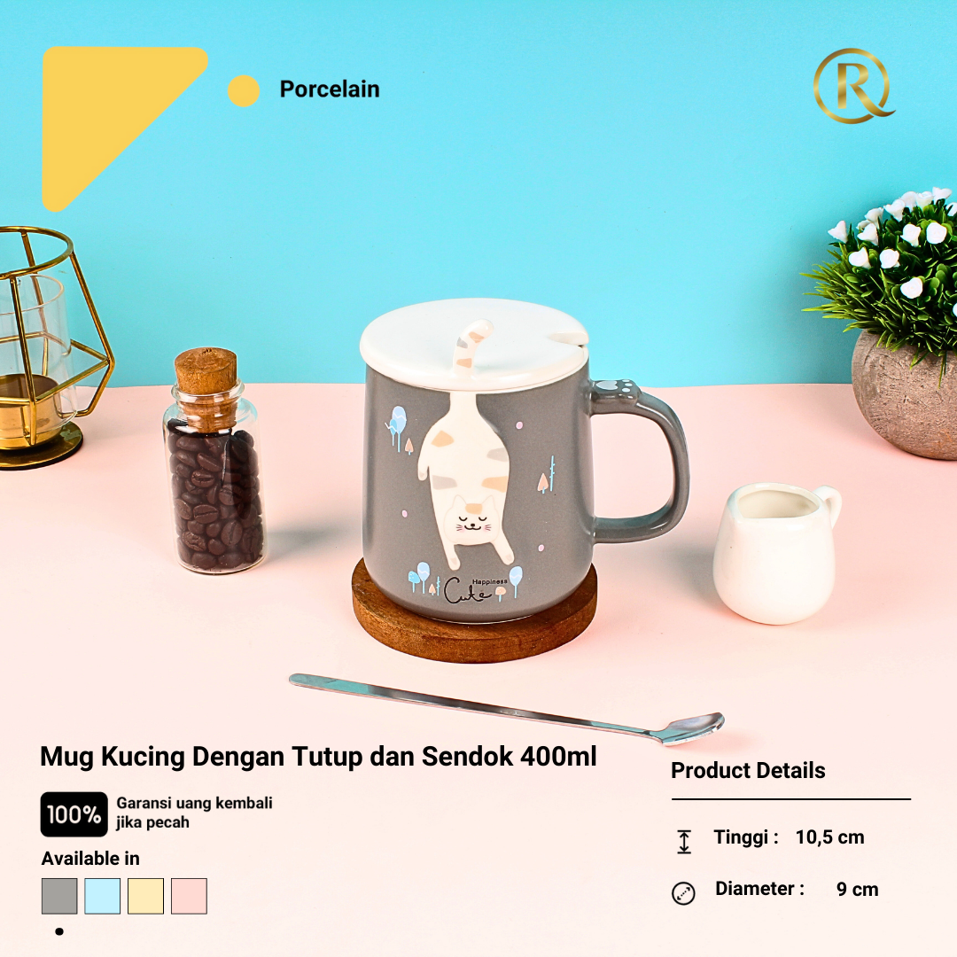 Mug Kucing dengan Tutup dan SendoK 400ml Porcelain Keramik | Lazada ...