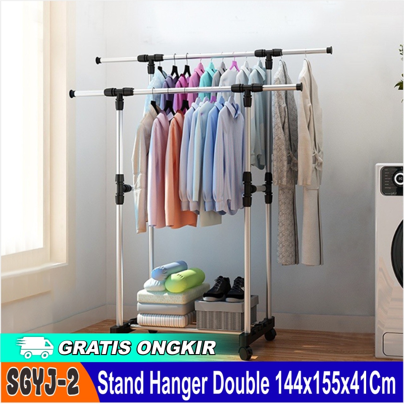 Stand Hanger Double 2 Sisi Rak Gantungan Baju Tiang Jemuran Pakaian ...