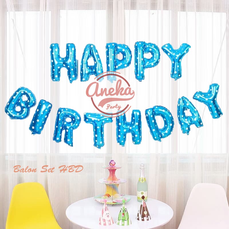 Balon Foil Huruf Set Happy Birthday biru motif bintang / paket huruf ...