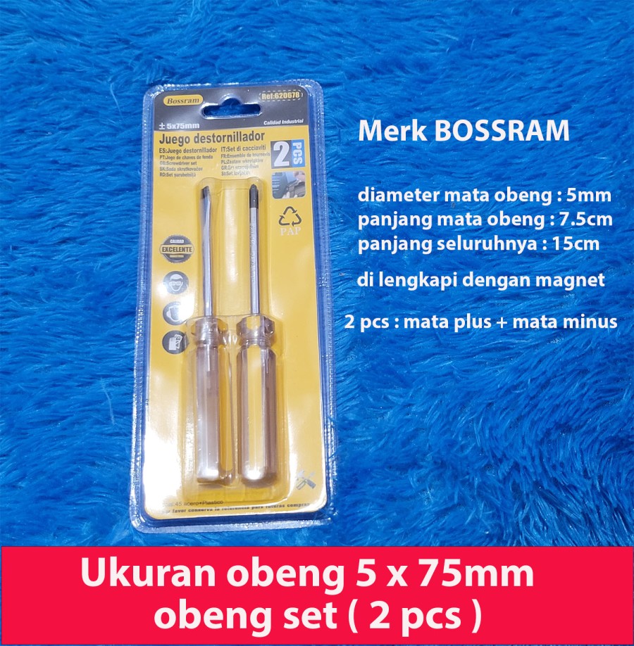 obeng 2 pcs 5x75mm BOSSRAM mata magnet plus + minus screwdriver ...