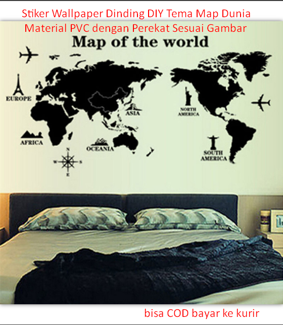 Stiker Wallpaper Dinding DIY Tema Map Dunia Material PVC dengan Perekat ...