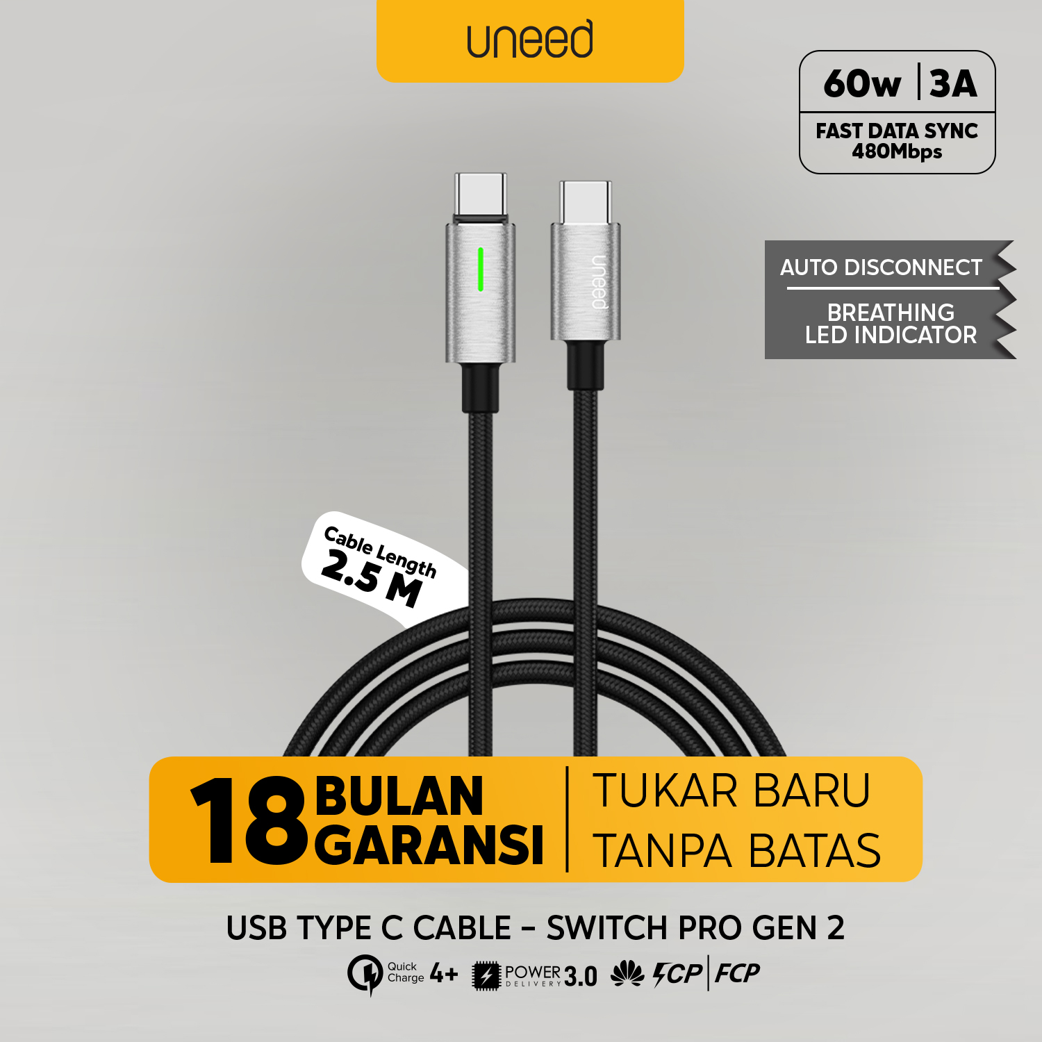 UNEED Kabel Data Auto Disconnect Type C to Type C QC PD 60W - UCB45CC ...