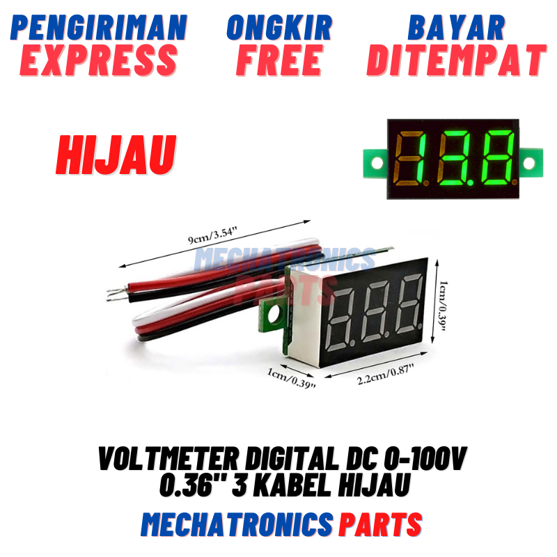 Voltmeter Digital DC 0-100V 0.36" 3 Kabel Mini Volt Meter Biru, Merah ...