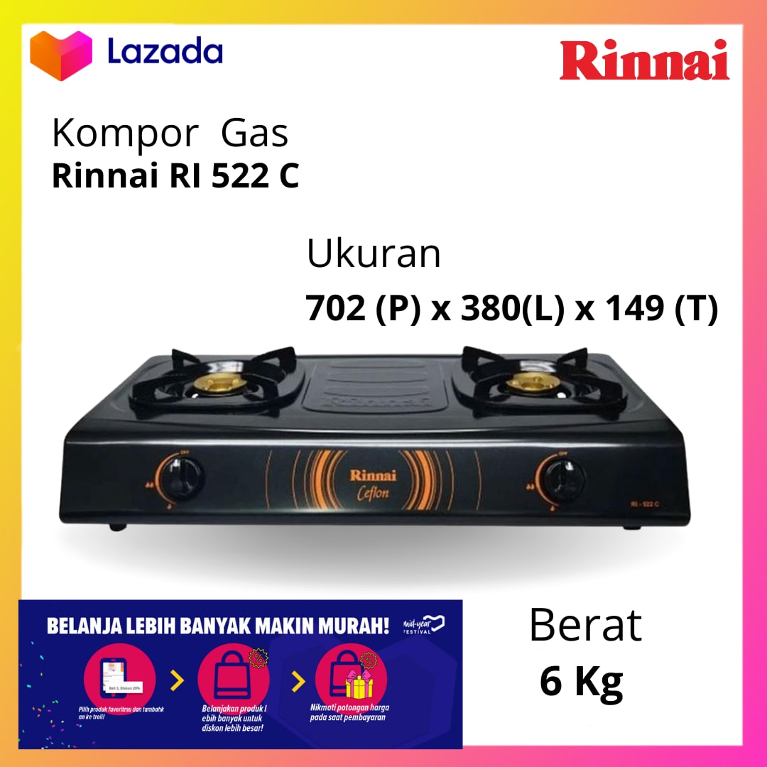 Kompor Gas Rinnai RI 522C / RI522C / RI 522 C - 2 Tungku + Free Selang ...