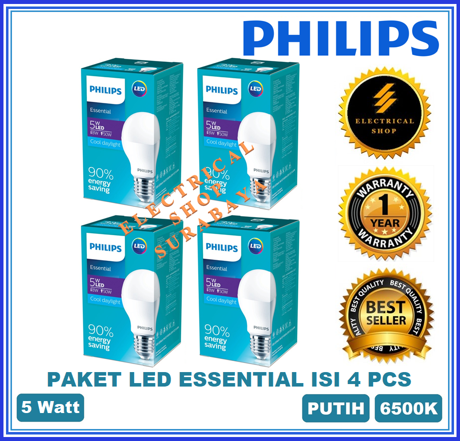 PAKET ISI 4 PHILIPS LAMPU LED ESSENTIAL 5W / 5 WATT PUTIH (BERGARANSI 1 ...