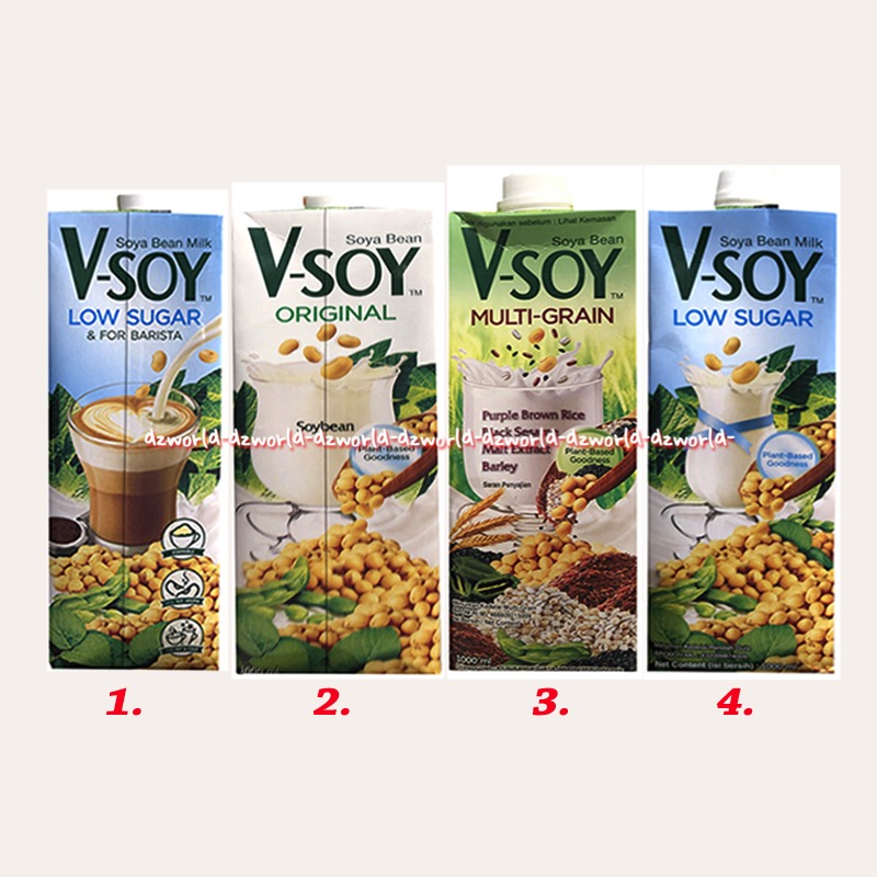 V-Soy Susu Kacang Kedelai 1L Original Low sugar Multi Grain Susu UHT ...