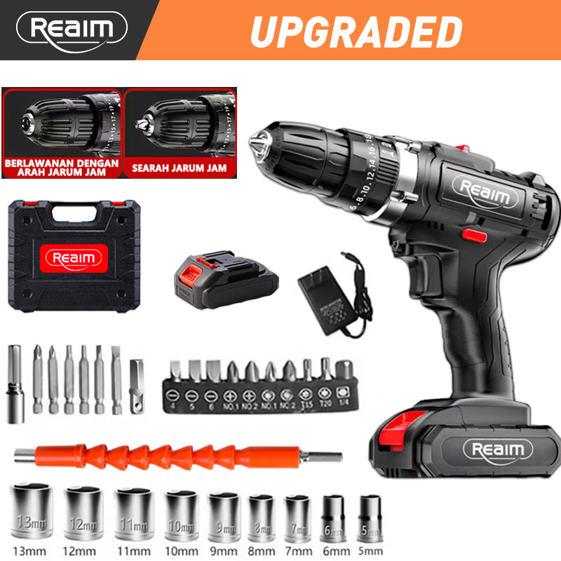 REAIM Mesin bor Impact Cordless Drill bor cas 2 baterai promo bor ...