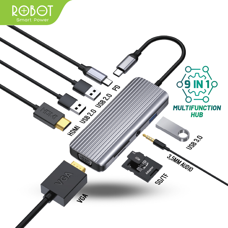 ROBOT HT590 Multiport 9in1 USB Type C HUB Adapter Lightweight ...