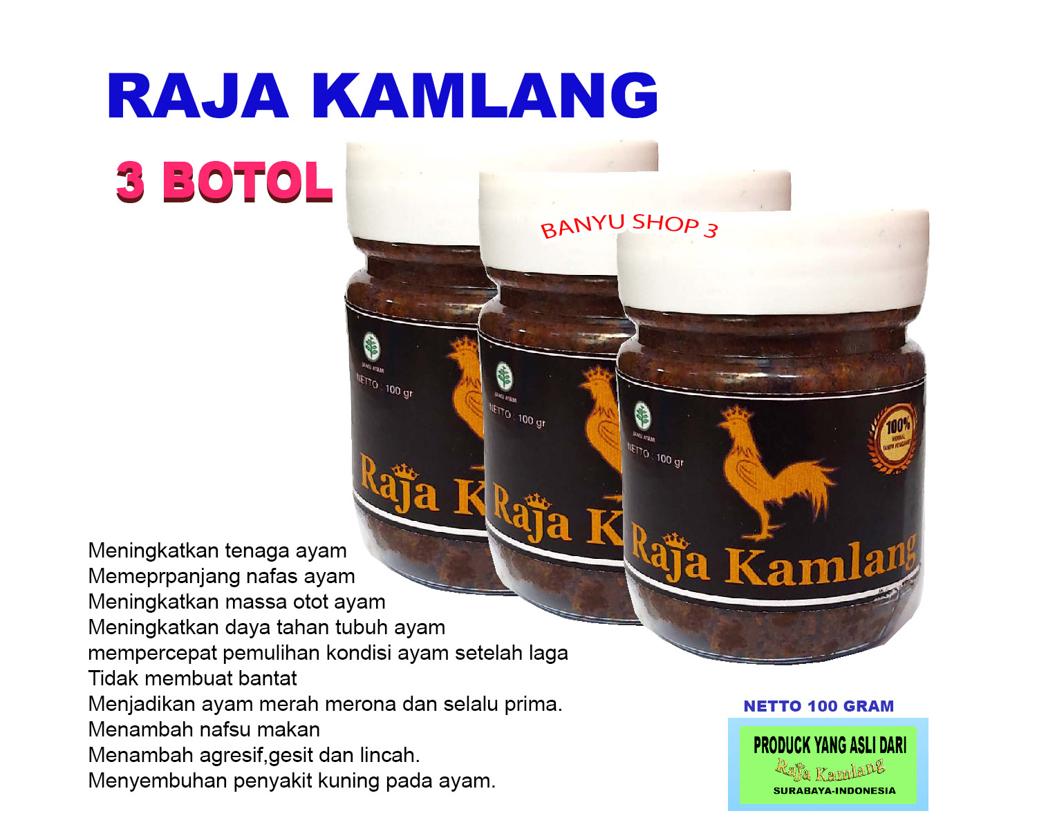 3 BOTOL JAMU AYAM RAJA KAMLANG (KAMLANG BASAH)-KEMASAN 100 GRAM KALI 3 ...