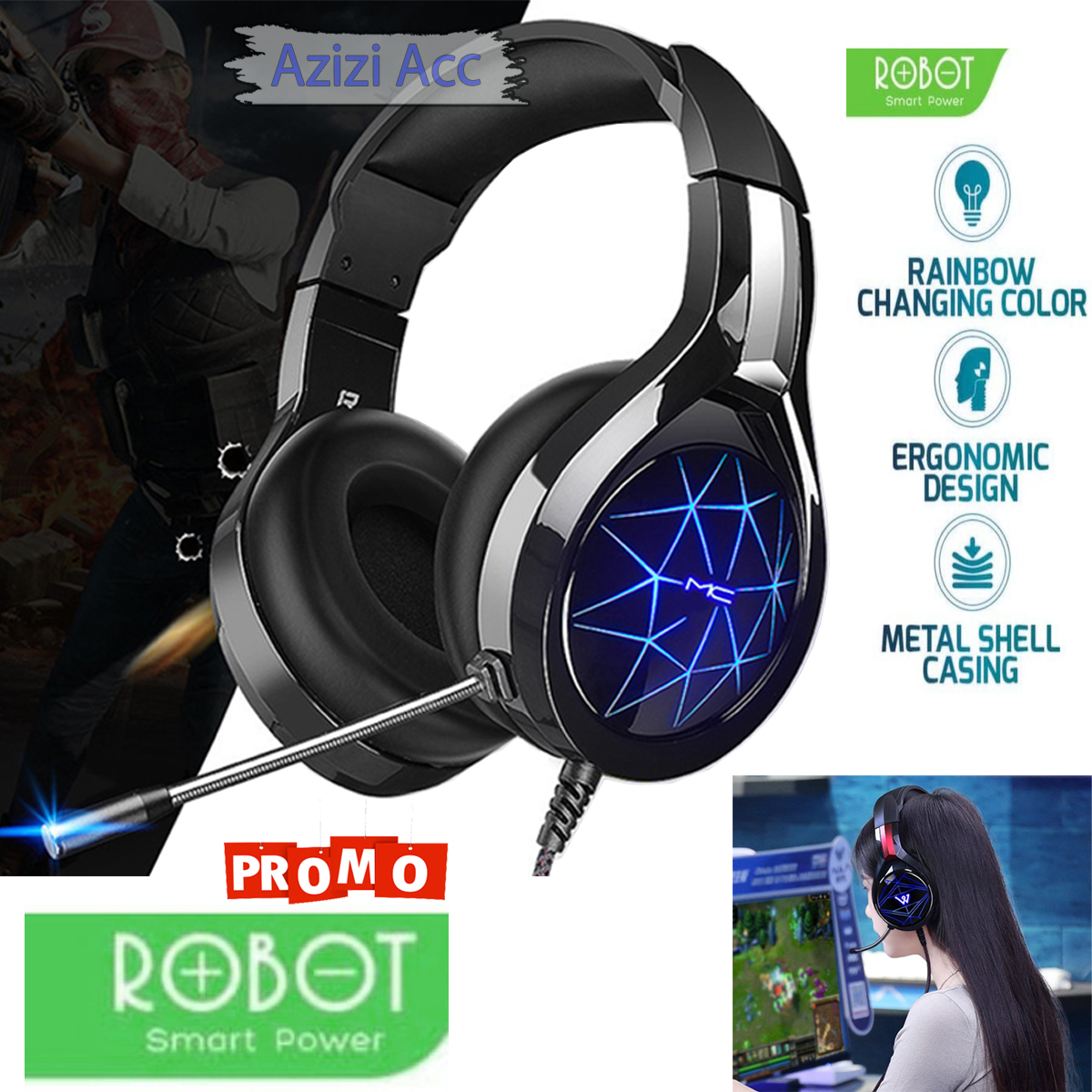 Headset Gaming ROBOT Wired 7 Colour LED Light - RH-G10 | Lazada Indonesia