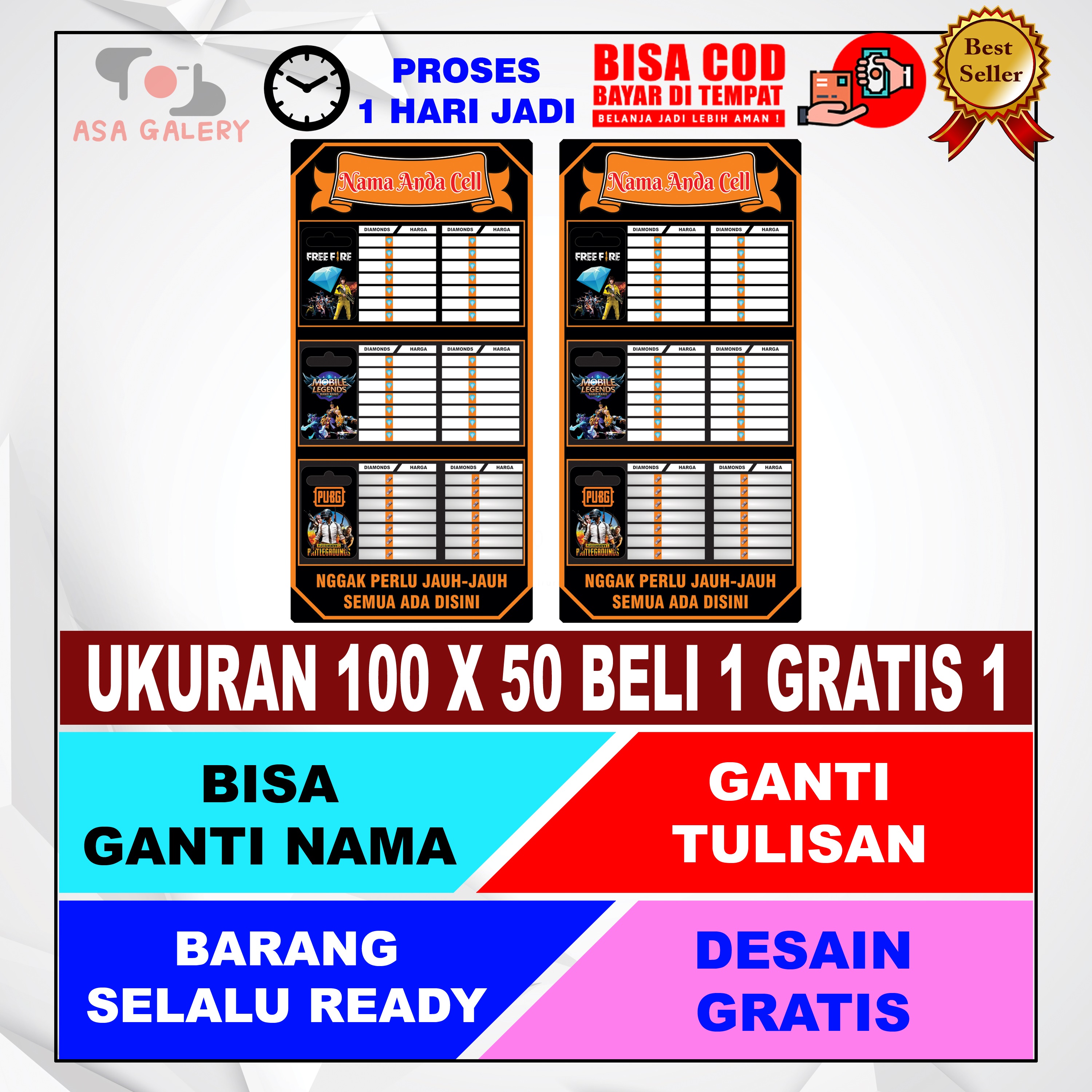 SPANDUK TOP UP GAME UKURAN 100 X 50, BISA GANTI NAMA DAN TULISAN DESAIN ...