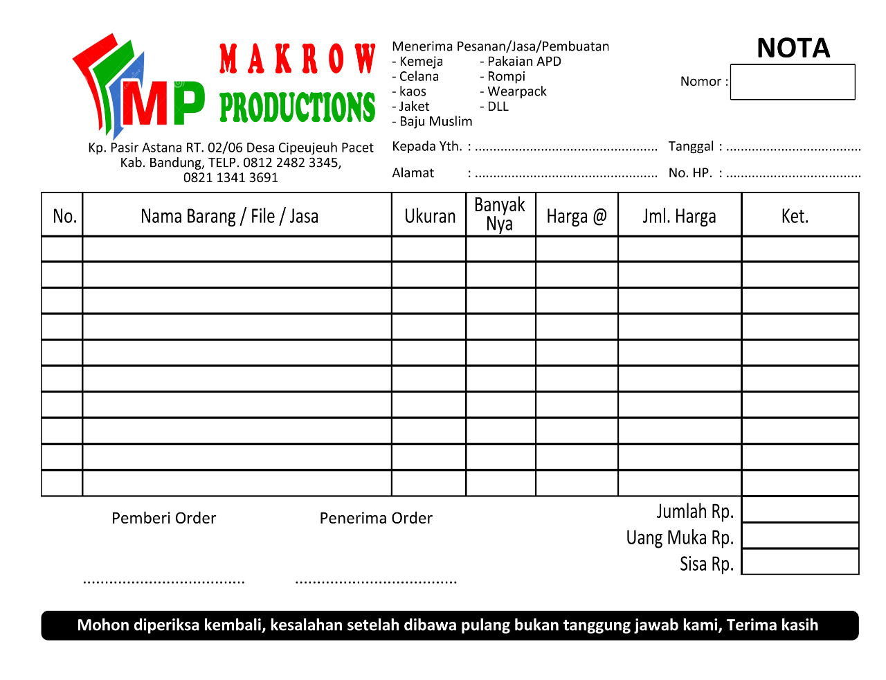 cetak nota perusahaan 1ply ukuran 1/2 folio 21.5 x 16,5 bon loundry ...