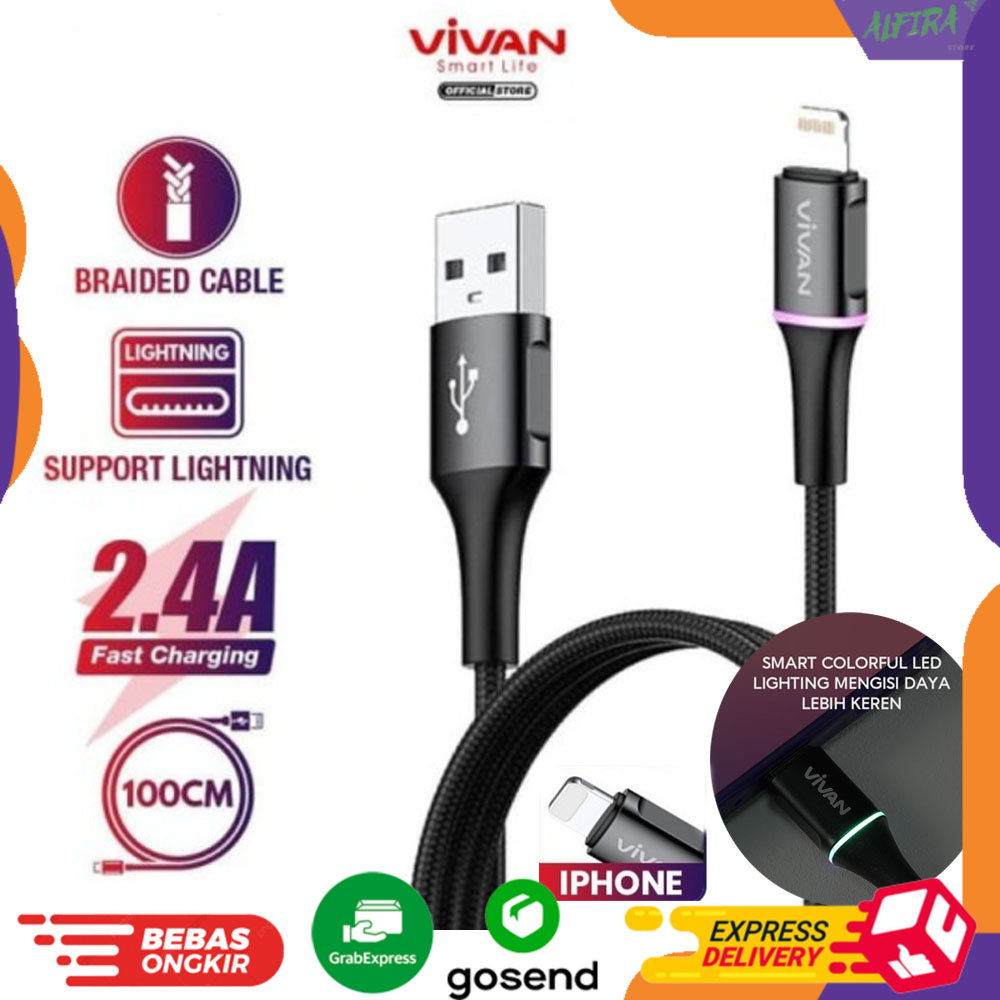 VIVAN Kabel Data iPhone Lightning VDL100 2.4A LED Light Quick Charge ...