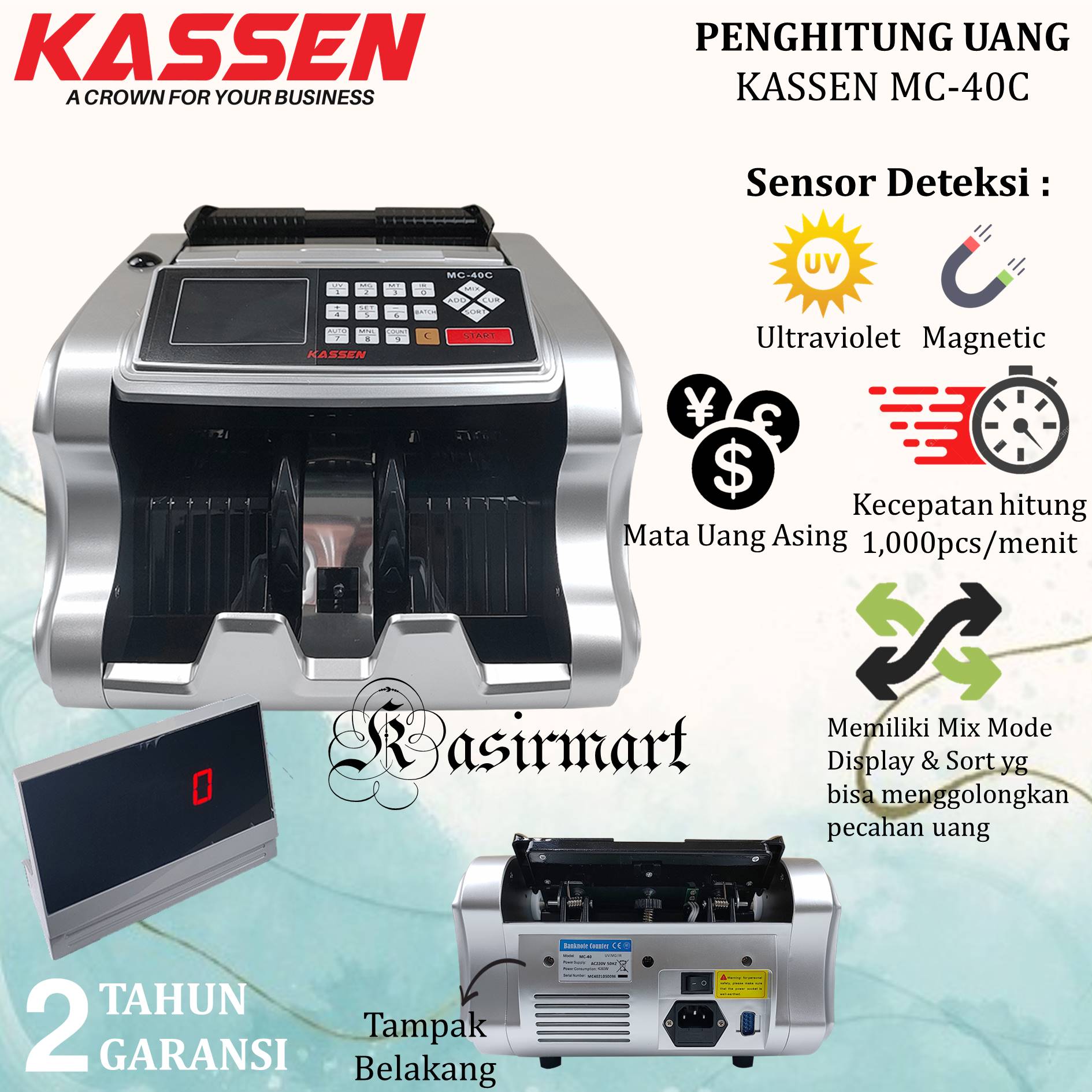 Kassen MC-40C Mesin Penghitung Uang UV Magnetic MC40C Money Bill Counter MC-40 C Hitung Uang ...