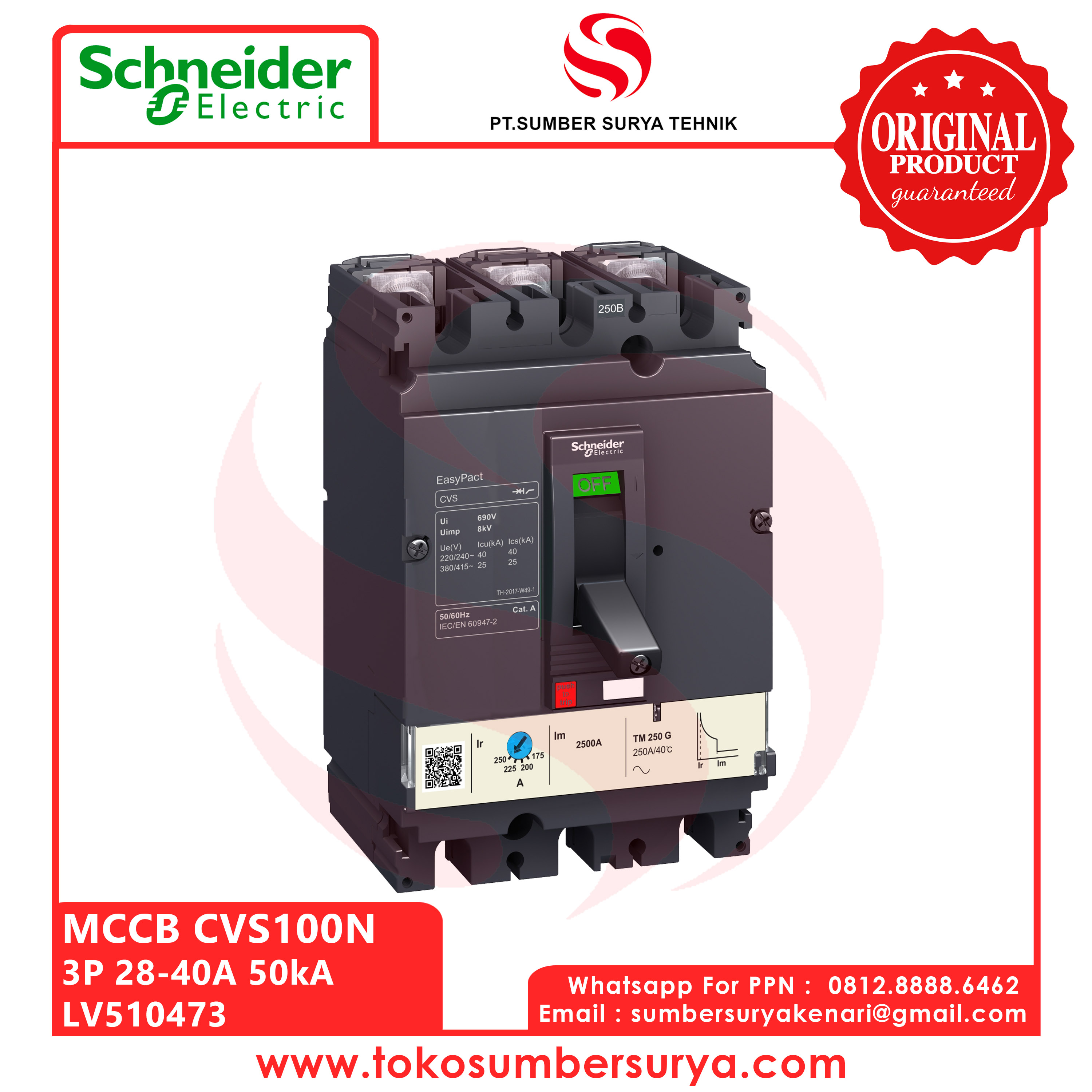 MCCB CVS100N 3P 28-40A 50kA Saklar Listrik ON OFF LV510473 SNI Asli Ori EasyPact Schneider ...