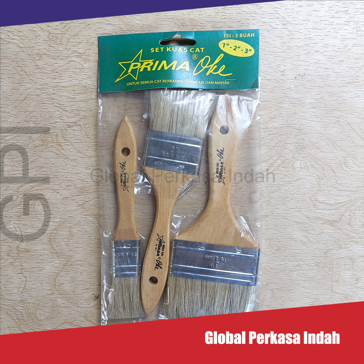 PRIMA Kuas Tangan Gagang Kayu Cat Tembok Oke Set 3pcs 1" + 2" + 3 ...