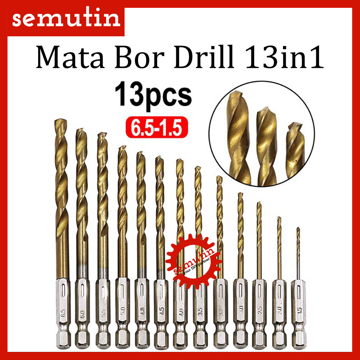 Mata Bor Drill HSS 13 in 1 / Putar Steel Hex Shank Titanium Kayu Besi ...