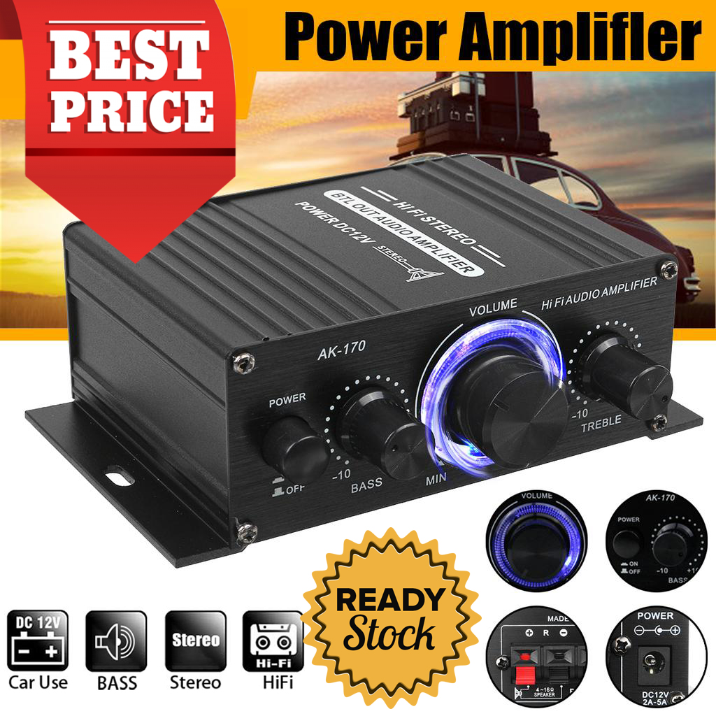 HiFi Mini Stereo Car Amplifier Treble Bass Booster Hi-Fi Stereo Audio ...