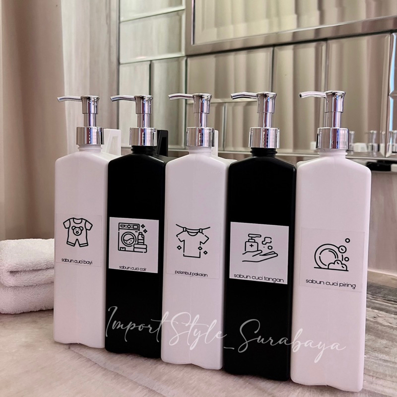 botol sabun aesthetic JERIGEN PUMP 1L KOTAK HITAM / PUTIH LABEL GAMBAR ...