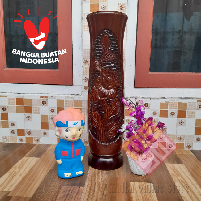 Guci / Vas Bunga Kayu Jati Ukuran 60 cm / Model Cukit / Ukiran Jepara ...