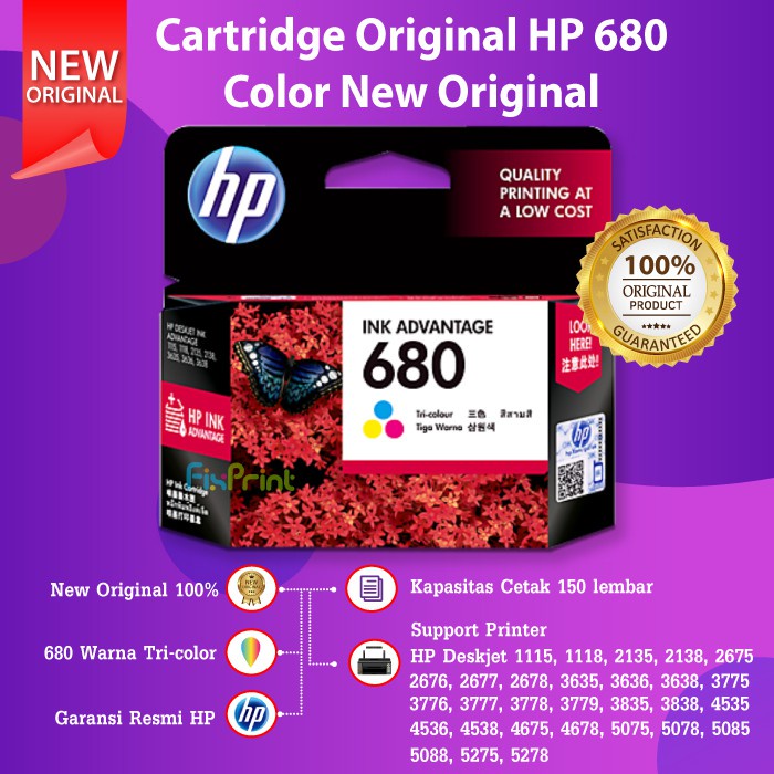 Cartridge Tinta HP 680 Color F6V26AA Printer 1115 2135 2676 3775 4535 ...