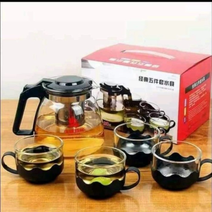 Tea Pot Set 5 in 1 tempat minum Teh / Kopi Teko Set Cangkir Kaca Warna ...