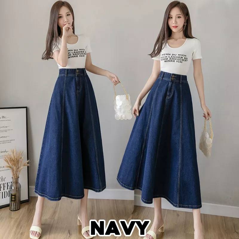 Fashion wanita rok korean style rok jeans 7/8 // rok highwaist pleated ...