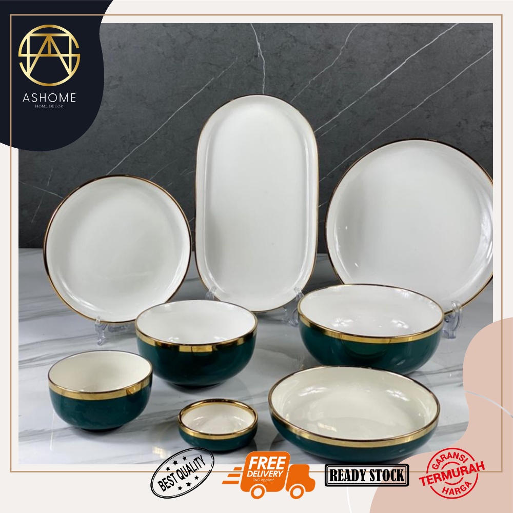 PERALATAN MAKAN KERAMIK SET LENGKAP SEMUA VARIAN DAN UKURAN WARNA EMERALD WHITE/ CERAMIC PLATE ...