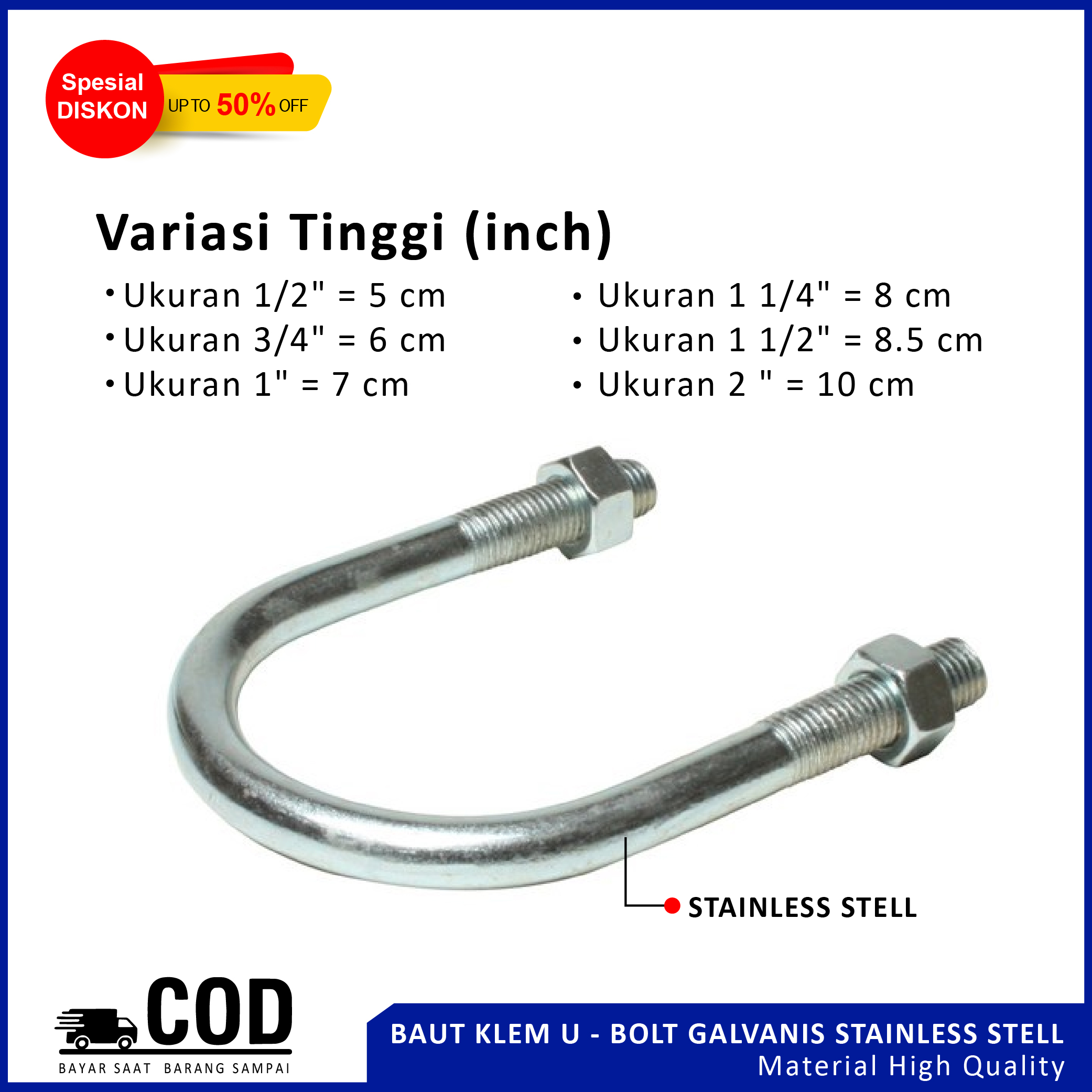 baut u-bolt bold Klem Pipa Besi Baut U Bolt Diameter 5/16 Inch Lebar 1/2, 1, 1 1/4, 1 1/2, 2 ...