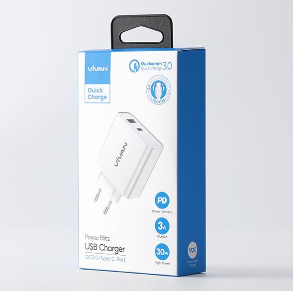 VIVAN POWER BLITZ FAST CHARGING 30W PD AND QC3.0 CABLE USB A AND TYPE C ...