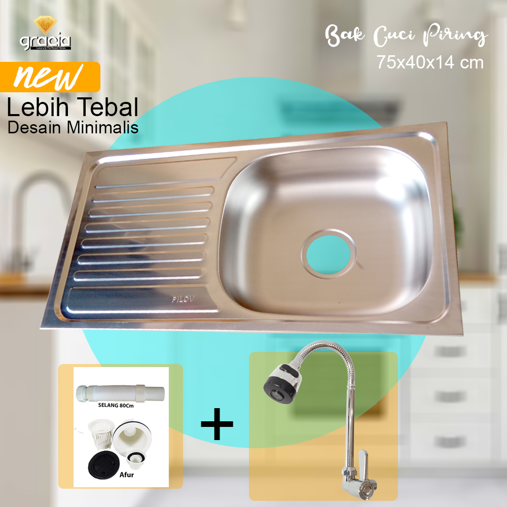 Wastafel Tempat Cuci Piring Stainless Kitchen Sink 75 x 40 x 14 Cm SET ...