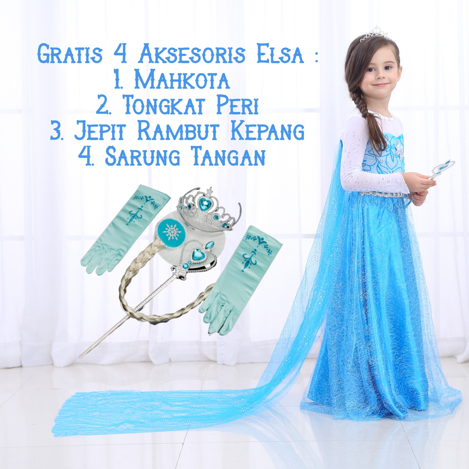 Dress Elsa Frozen Kostum Princess Gratis 4 Aksesoris Elsa / Gaun Elsa ...