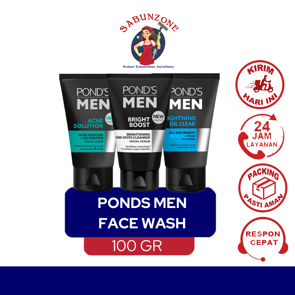 Sabun Cuci Muka Wajah Pria Ponds Men Bright Boost Facial Scrub Lightning Oil Clear Acne