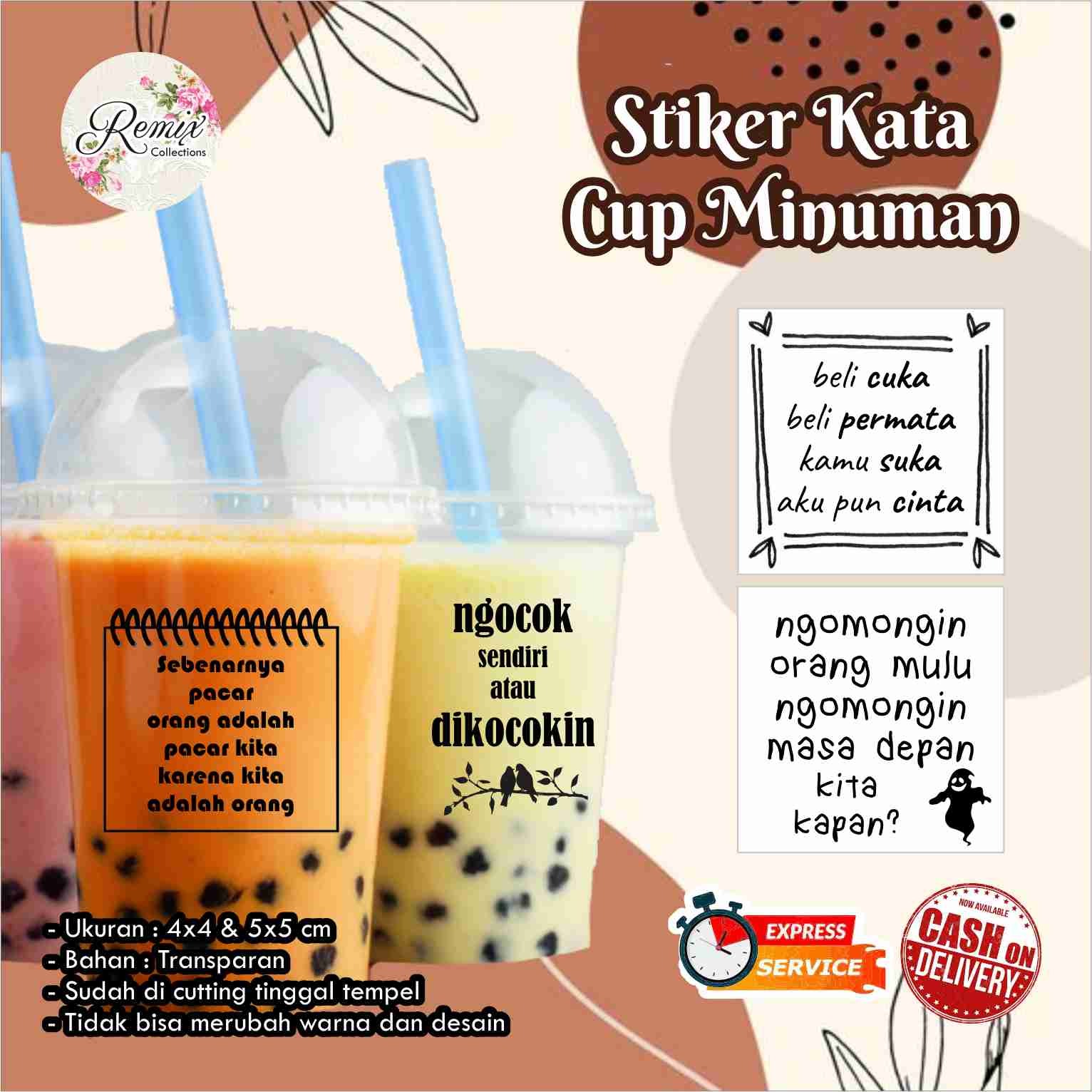 STIKER TRANSPARAN KATA CUP MINUMAN / LABEL KOTAK / TOPLES KEMASAN ...