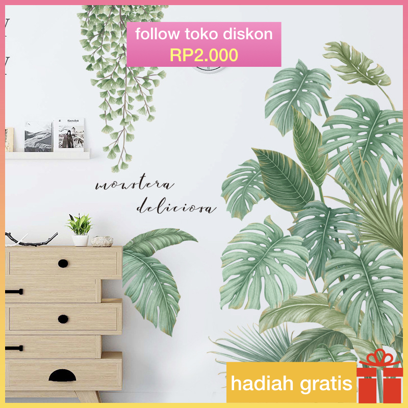 stiker dinding motif macam macam daun hijau sudut hiasan dinding stiker ...