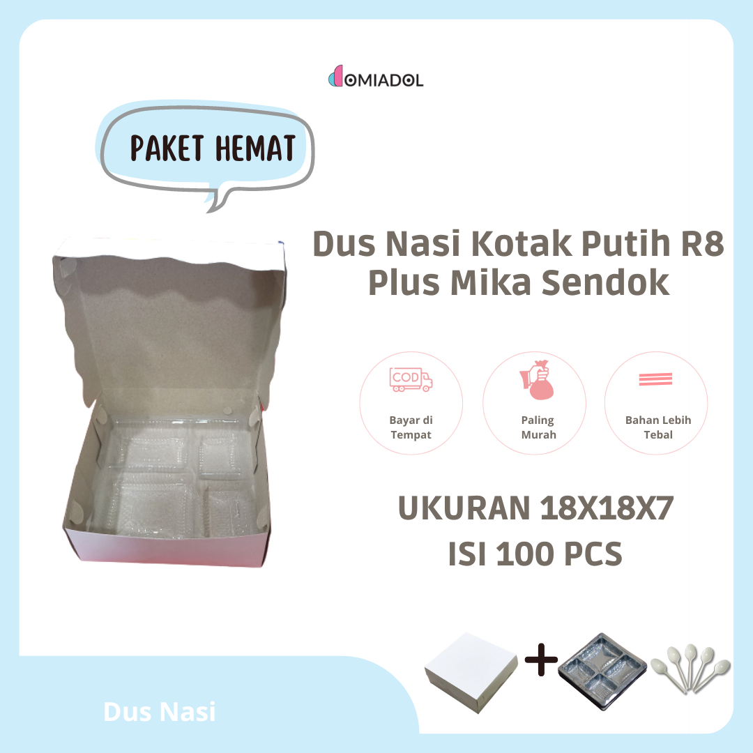 Box Dus Nasi Kotak R8 Putih Premium Plus Mika Sendok - Ukuran 18x18x7 ...