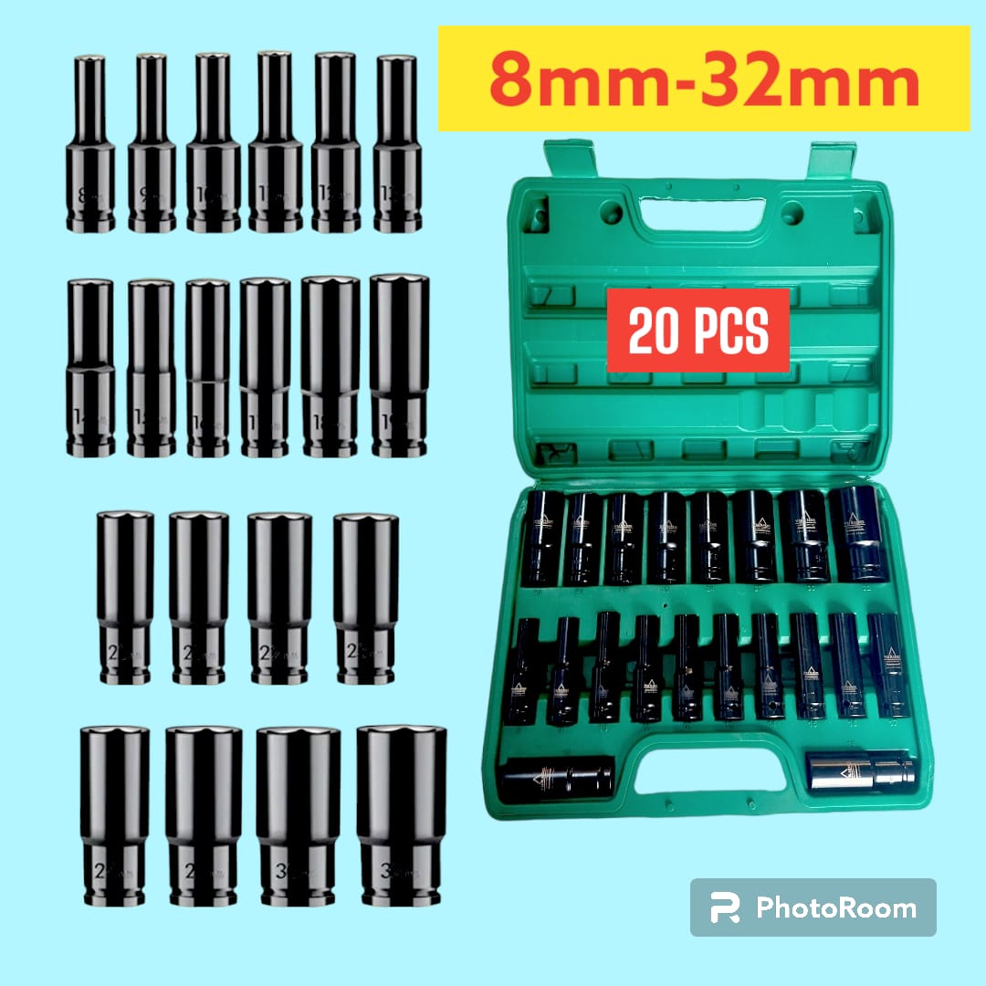 Drive Deep Impact Socket Set 20Pcs 1/2 Inch 8-32MM Extension Impact Socket Panjang Hingga Nut ...