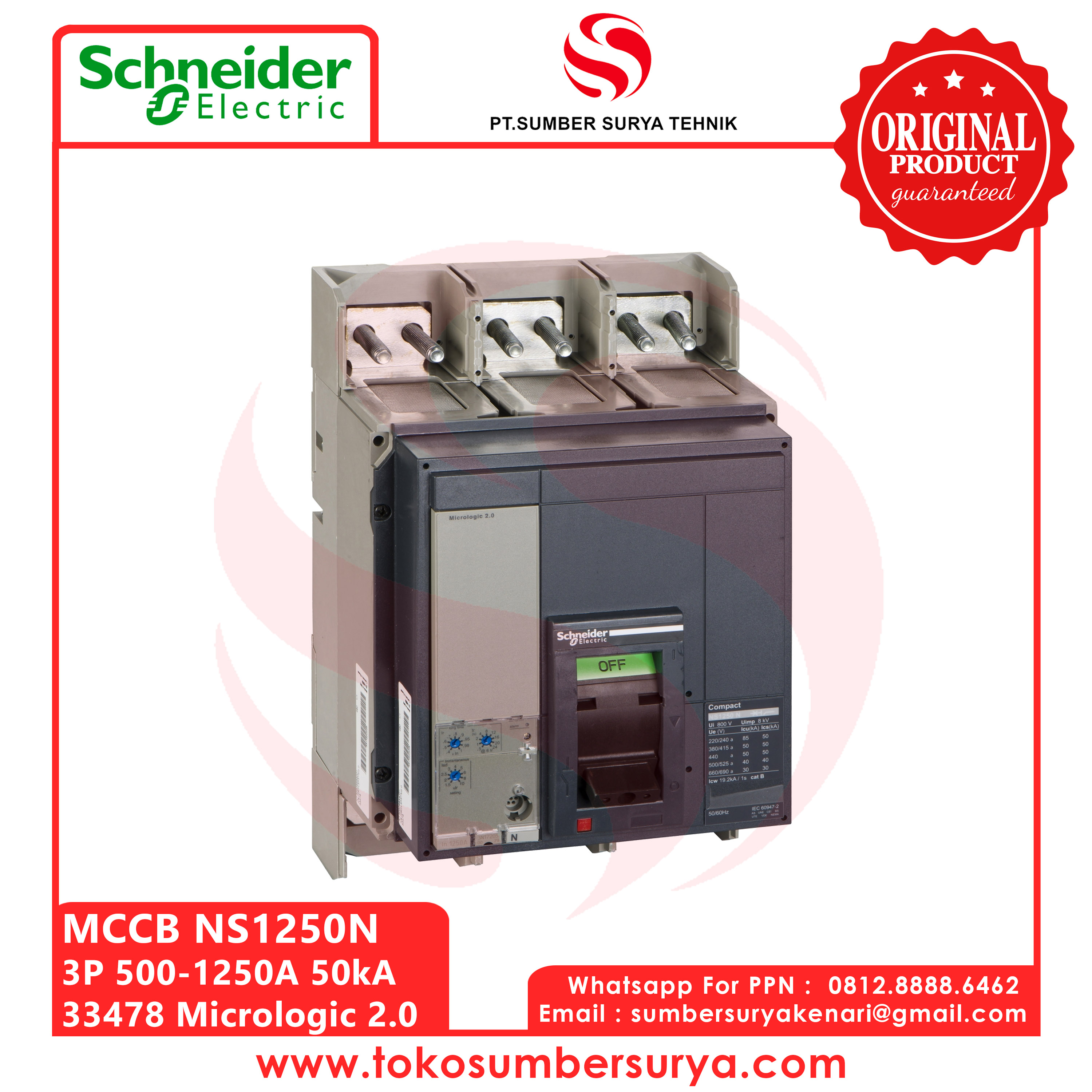 MCCB NS1250N 3P 500-1000A 50kA Saklar Listrik ON OFF 33478 SNI Asli Ori ...