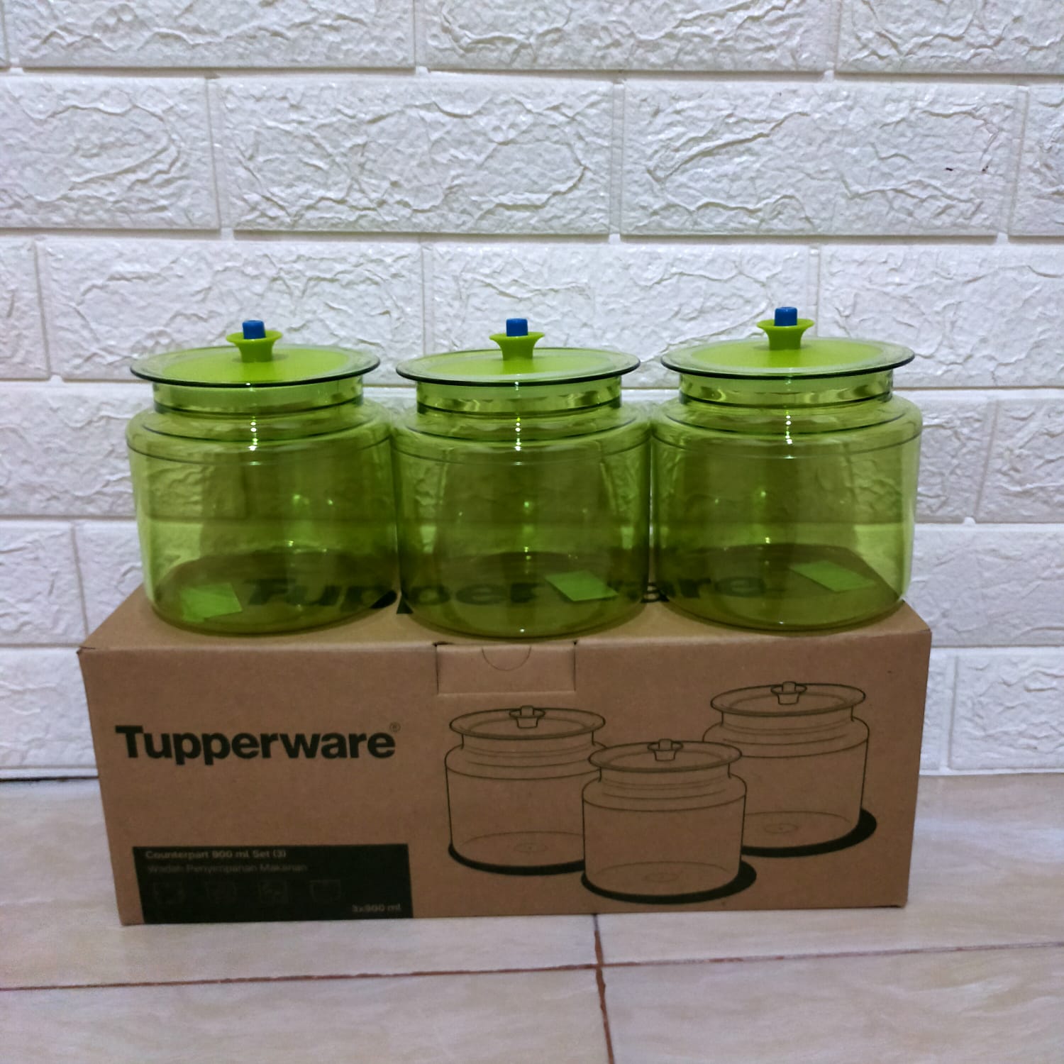 Tupperware counterpart kapasitas 900ml 3 pcs per set hijau / toples lebaran / toples kristal ...