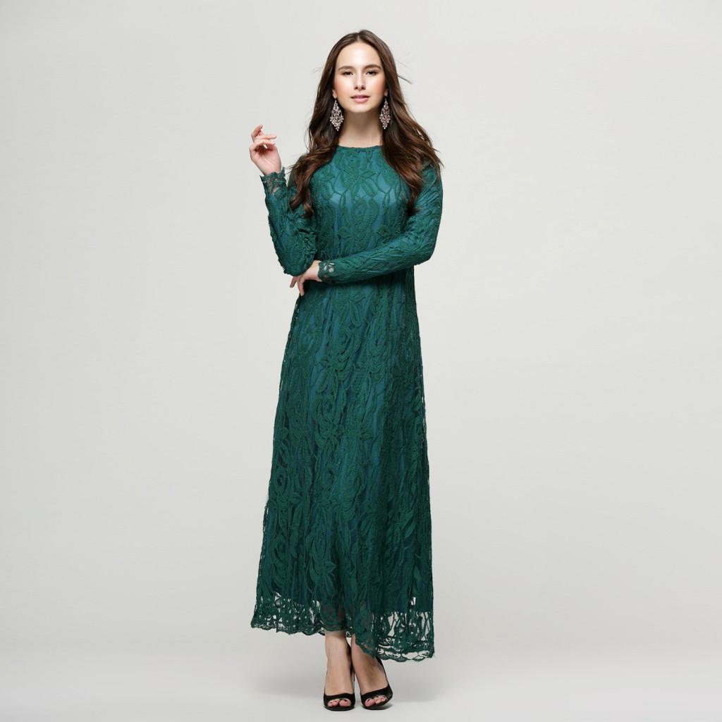 Murphystore มุสลิม Lady Slimming ยาวชุดลูกไม้แต่งตัวสองชั้นเดรสยาวแคชวล ...