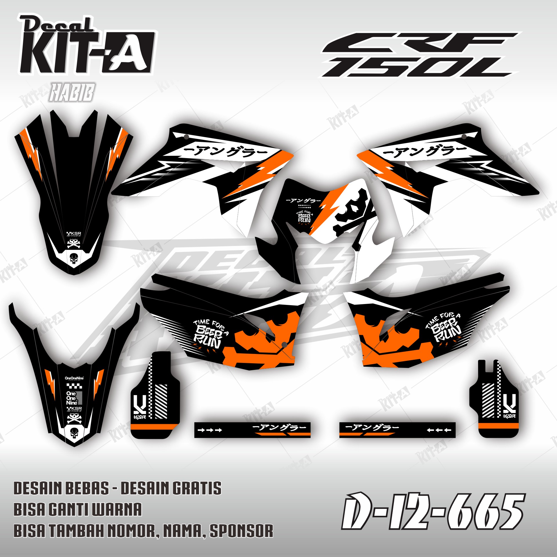 Decal CRF 150L motif HITAM PUTIH OREN full body crf 150l D-I2-665 ...