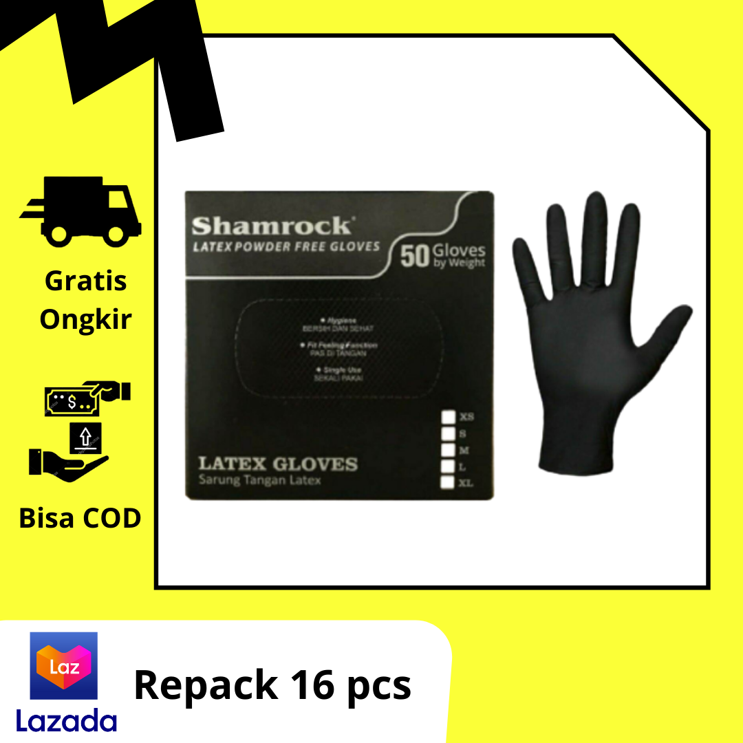 [REPACK 10 & 16 pcs] Handscoon Latex Warna Hitam Merek Shamrock ...