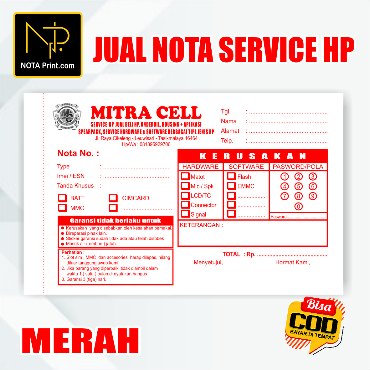 CETAK NOTA SERVICE HP 1 PLY / NOTA SERVICE HP 2 PLY/ NOTA SERVICE 3 PLY ...