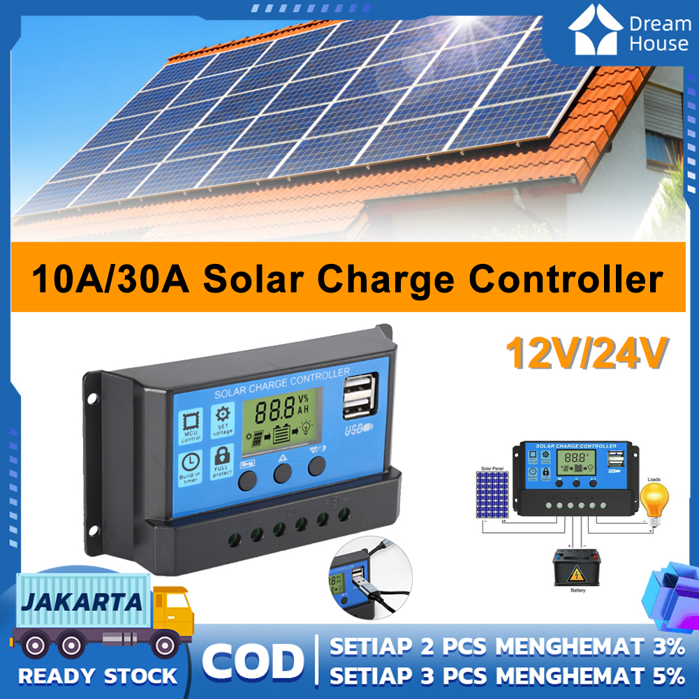 (Dikirim Dari Jakarta)Solar Charge Controller LCD LED Display Solar PWM 12V/24V 10A 20A 30A USB ...