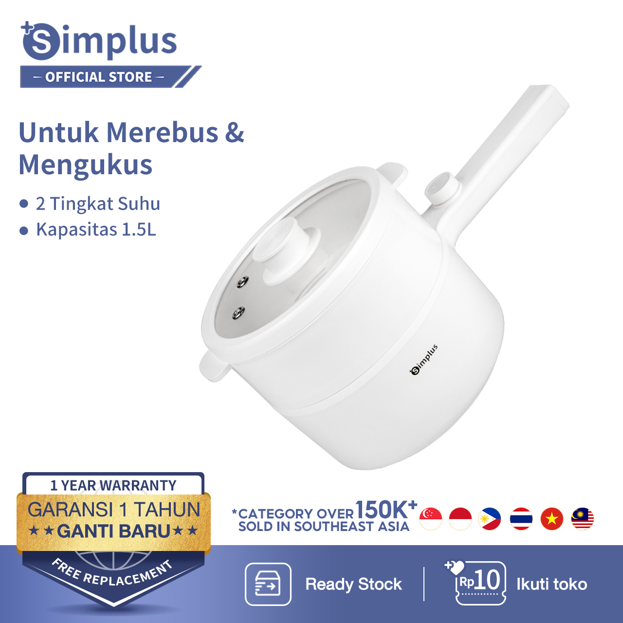 Simplus Panci Listrik Kukusan Serbaguna Electric Pot Low Watt 600W 1.5L Lapisan Keramik Anti ...