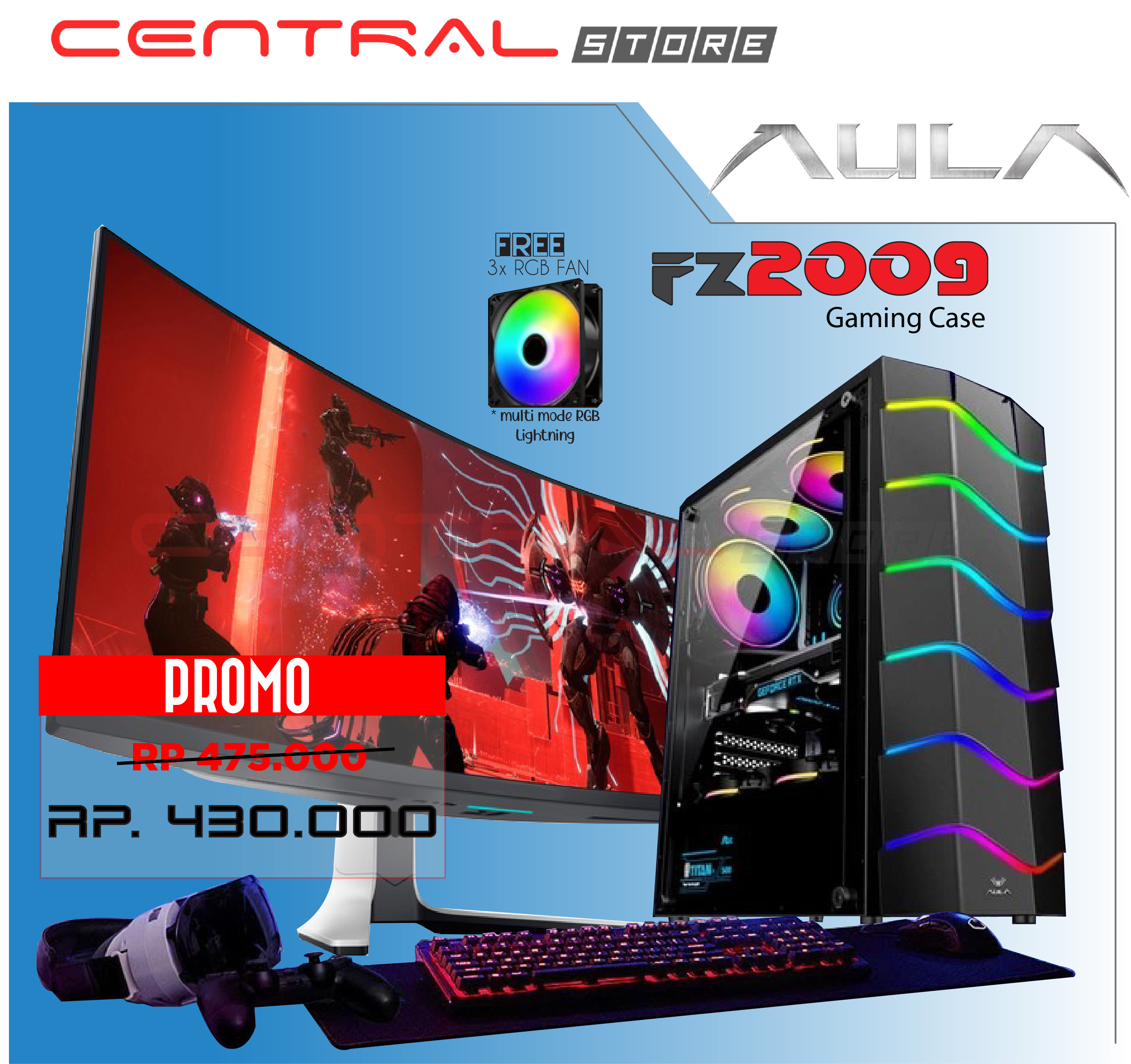 Casing PC AULA FZ009 ATX Gaming Komputer Case Tempered FREE 3 fan RGB ...
