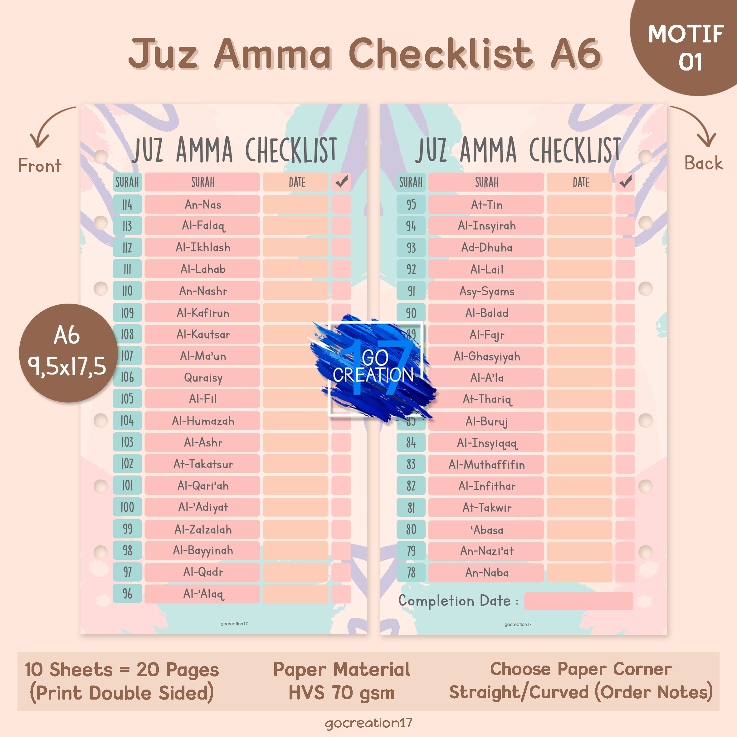 Kertas Isi Binder/Insert Binder/Refill Binder Juz Amma Checklist A6 (6 ...