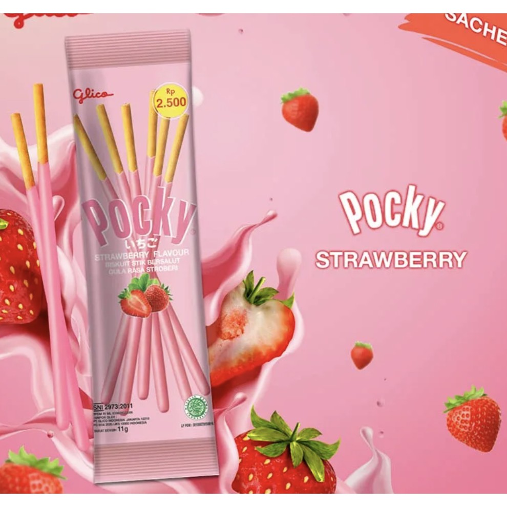 Biskuit stik Pocky sachet rasa cokelat dan strawberry ( 1 box isi 12 ...