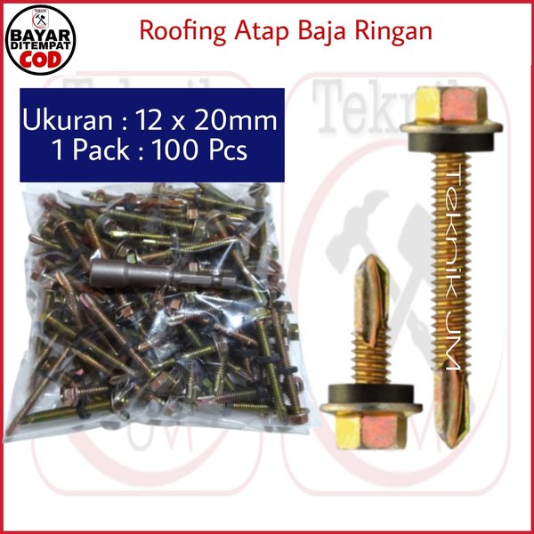 BAUT BAJA RINGAN ATAP ROOFING 12 X 20mm 2 CM - BONUS MATA SOCK KEPALA ...