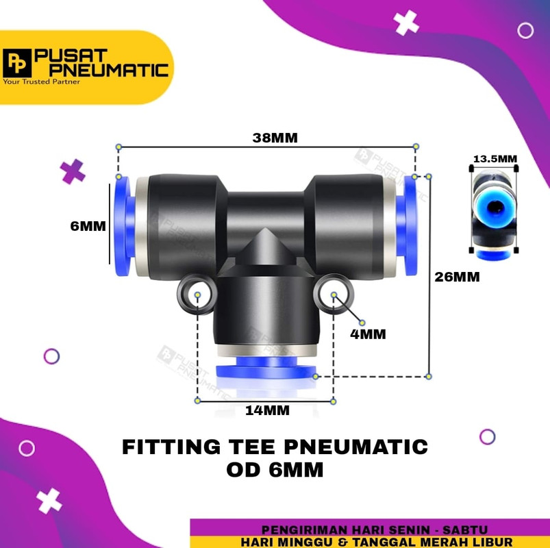 PE 6 Nepel Angin Fitting Pneumatic Tee Selang ke Selang 6mm MPE 6 ...